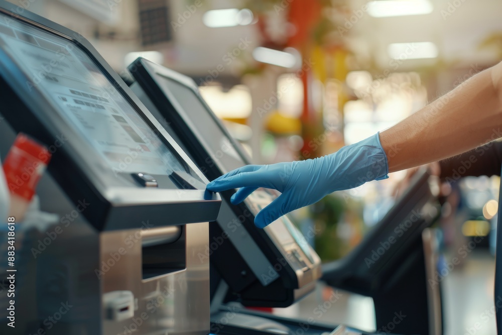customer using a self-checkout kiosk at a grocery store.. Beautiful ...