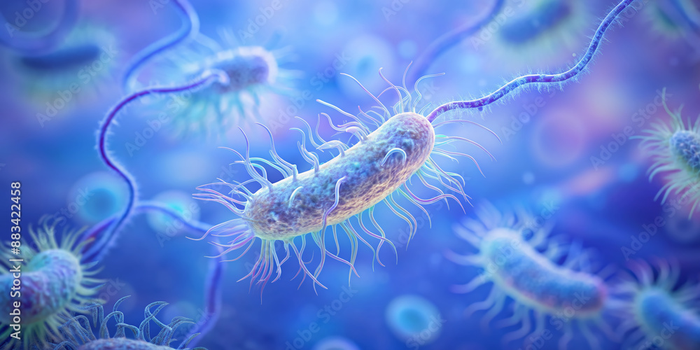 Microscopic close-up of Helicobacter pylori bacteria interacting with ...