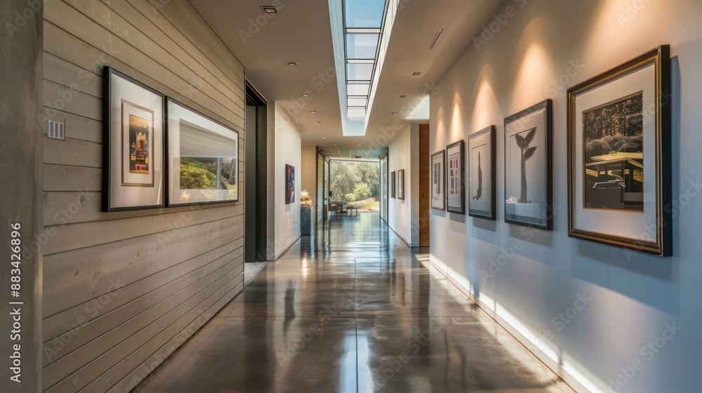 Suburban Mid-Century Modern hallway with gallery walls, a linear ...