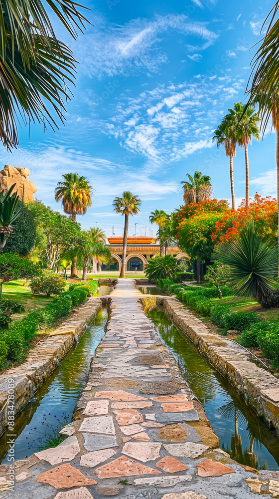 Scenic Pathway in Turia Gardens Valencia Spain, Palm Trees and Lush ...