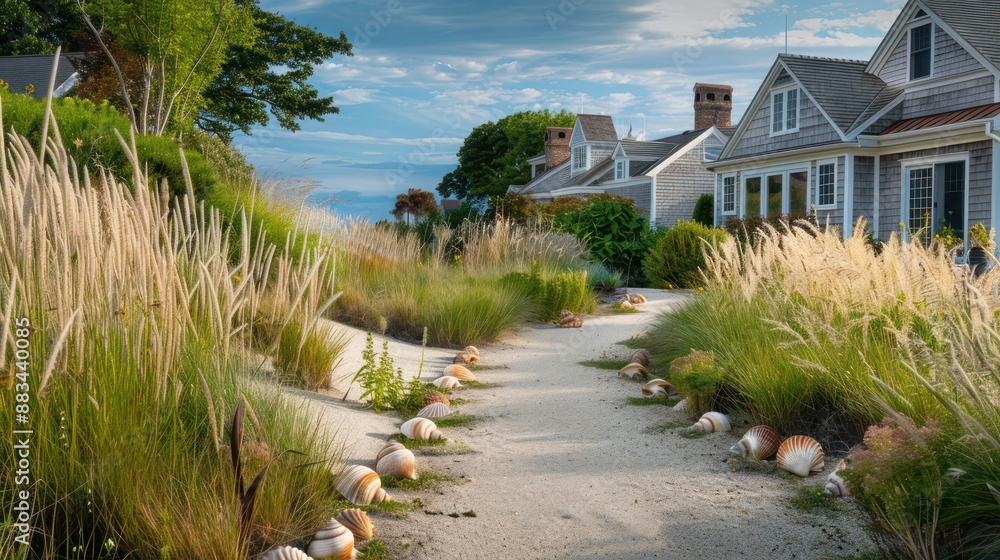 The seaside-inspired landscaping of a Suburban Cape Cod home, including ...