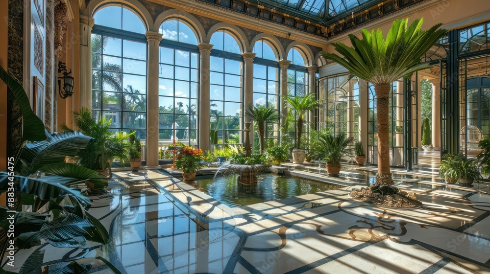 Mediterranean-style conservatory with floor-to-ceiling windows and an ...