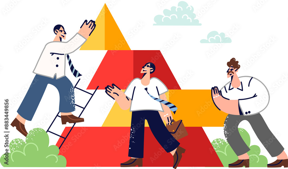 Business men are engaged in team building, placing blocks on top of ...