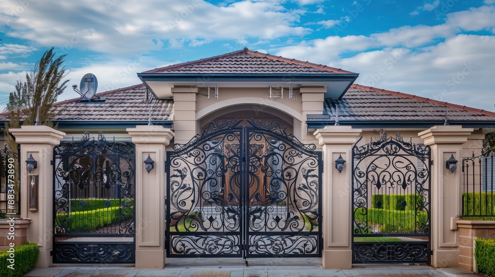 suburban farmhouse with a stylish front gate, made of wrought iron and ...