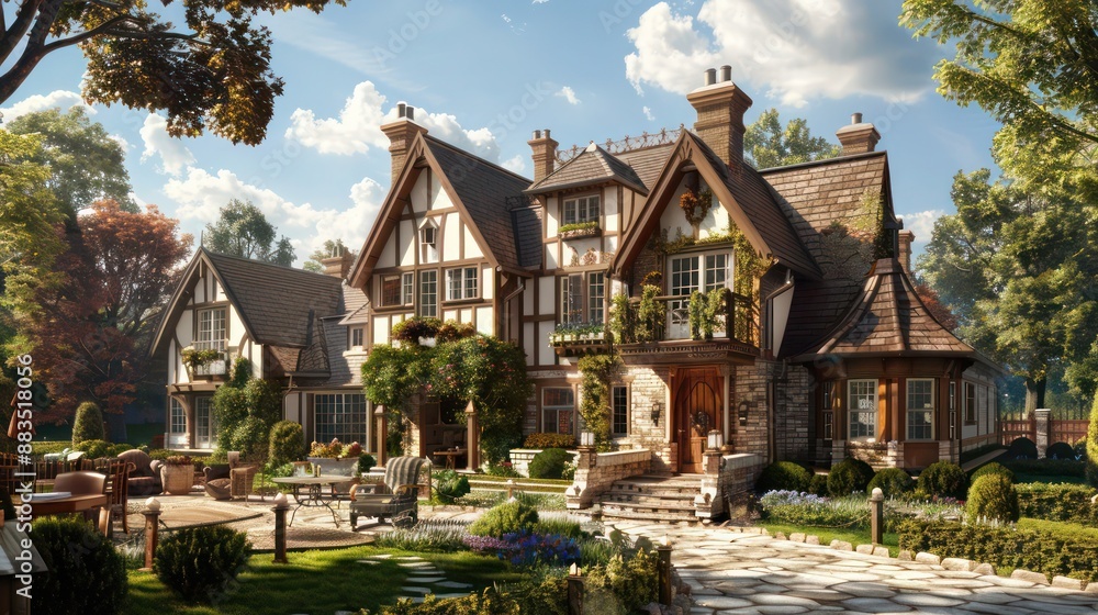 suburban farmhouse with an English manor theme, featuring traditional ...