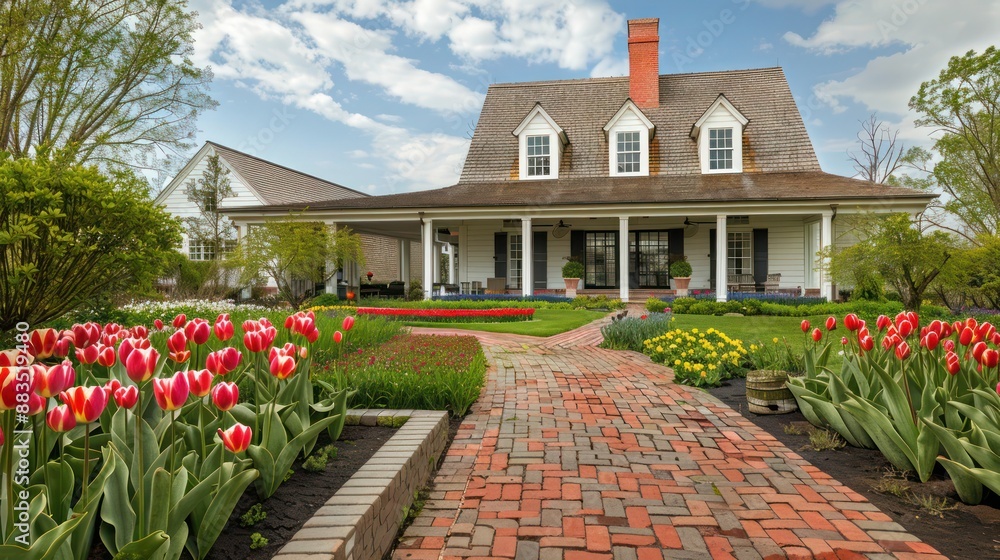 suburban farmhouse with a Dutch colonial theme, featuring gambrel roofs ...