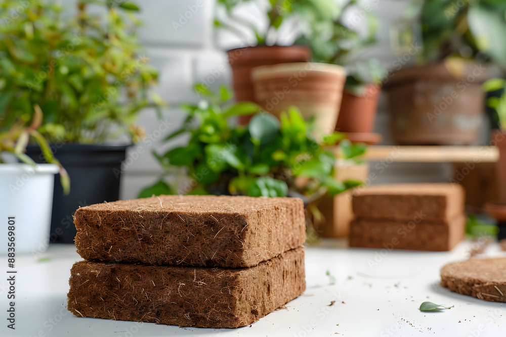 coco peat moss in shape of two bricks on white table, background is ...