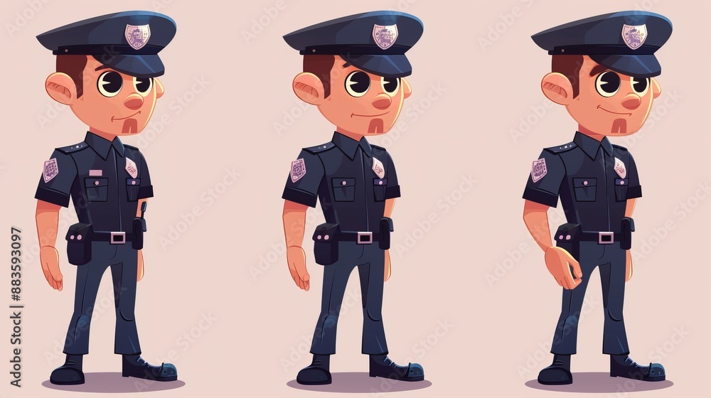 A cartoon police officer character is shown in full uniform, posing ...