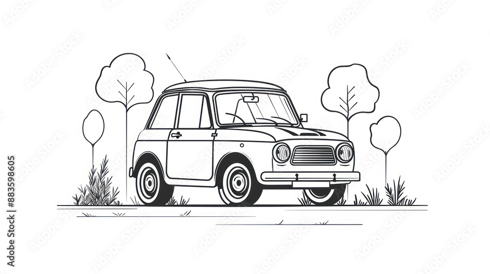 Car Coloring Page for Kids Line Art Vector Blank Printable Design for ...