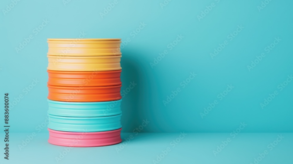 Brightly colored tins stacked in a neat tower against a solid light ...