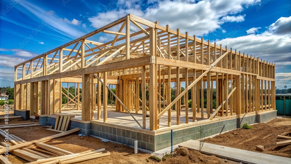Suburban house under construction with wooden beams and timber studs ...