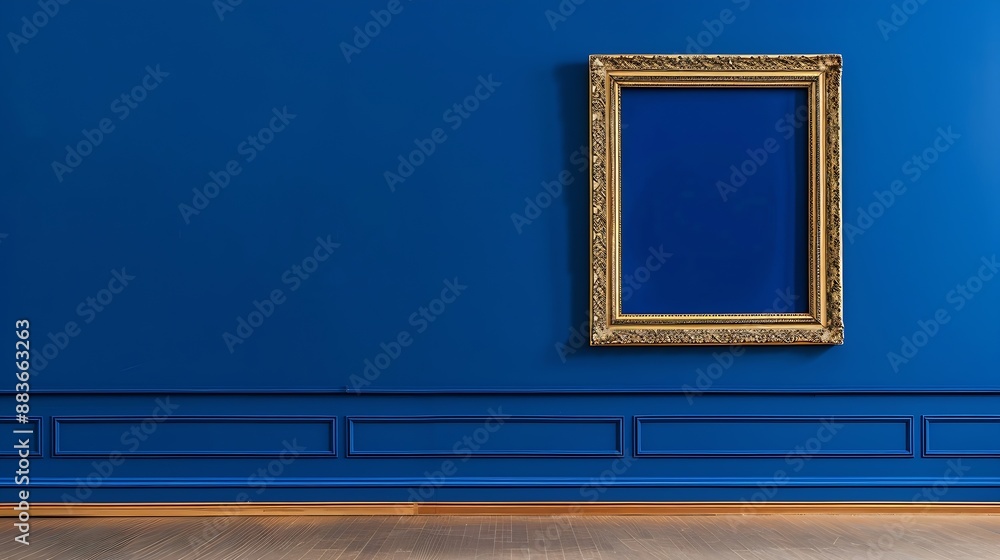 Antique art fair gallery frame on royal blue wall at auction house or ...