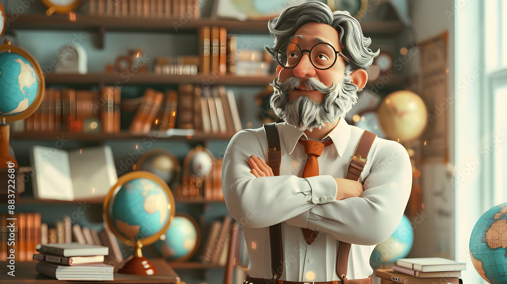 Enchanted Classroom Scene: 3D Flat Icon of History Teacher Amid Maps ...