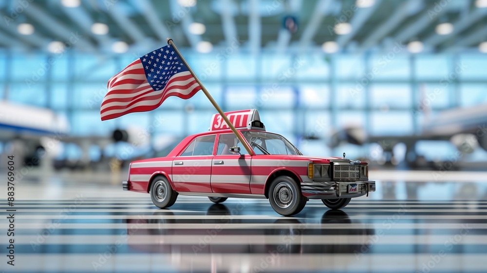 3D funny taxi cab holding an American flag on a blurred airport ...