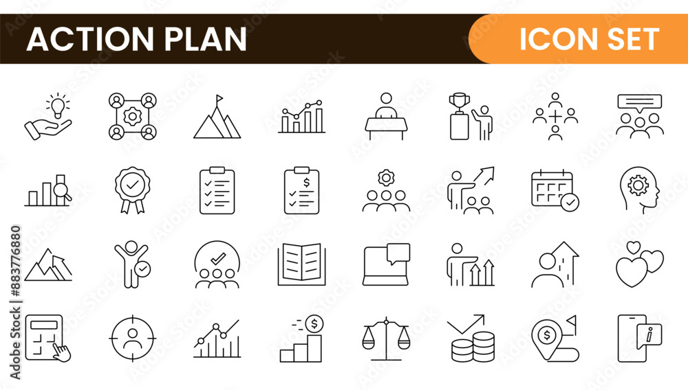 Line icons about action plan. Contains such icons as search strategy ...