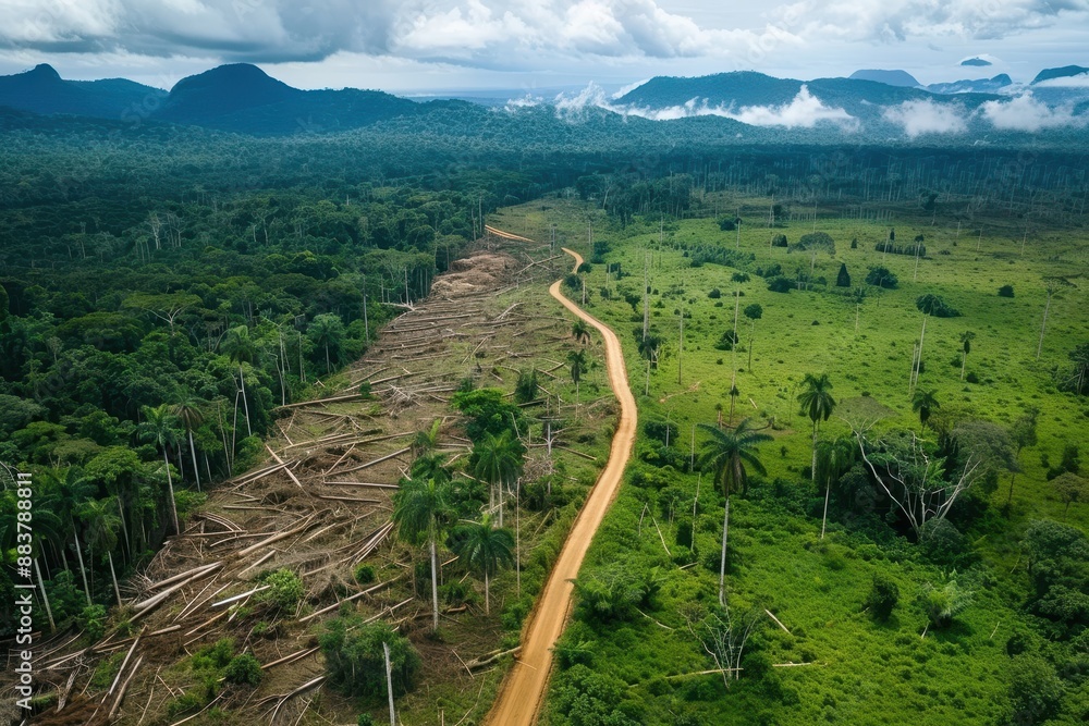 Aerial view of deforestation in the Amazon rainforest, showcasing a dividing dirt road and ...