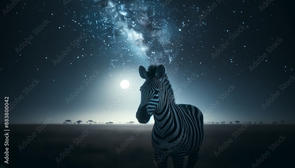 A picture of a zebra on a vast grassland on a full moon night. Stars ...
