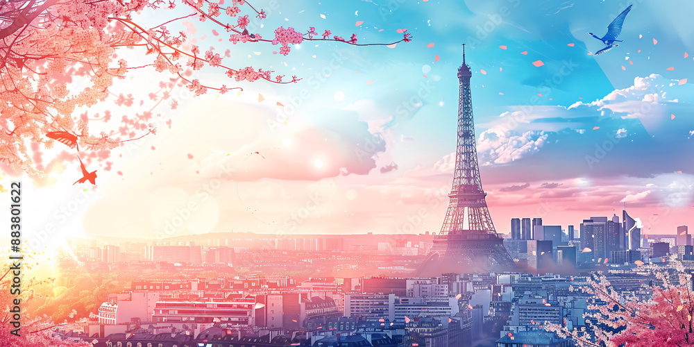 Paris skyline with white wallpaper border and creative graphic design ...