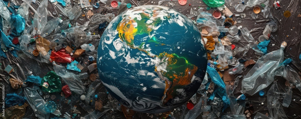 Planet wrapped in layers of plastic waste, plastic pollution globe ...