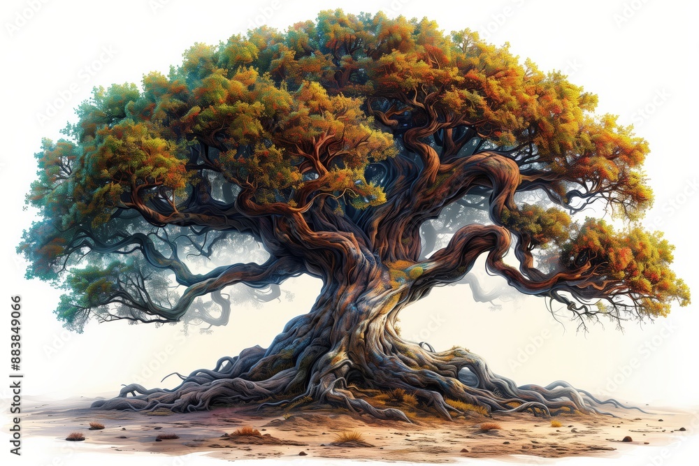 Ancient Tree with Sprawling Roots Vector illustration focusing on the ...
