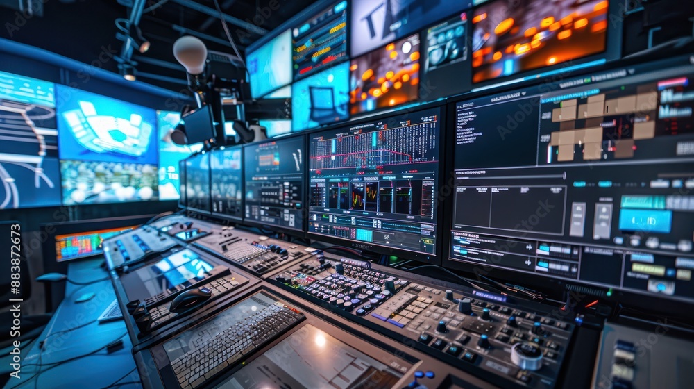 TV studio control room with screens and technical equipment. Stock ...