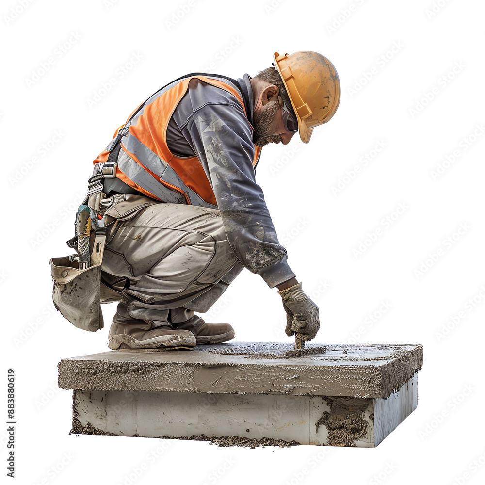 Construction worker in safety gear, kneeling and working on a concrete ...