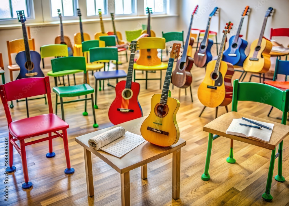 Colorful guitars and music sheets scattered on a kid-sized table amidst ...