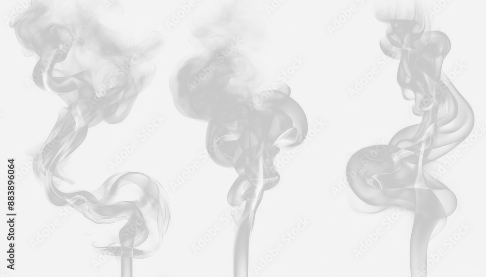 Three delicate wisps of white smoke rising isolate on transparent ...