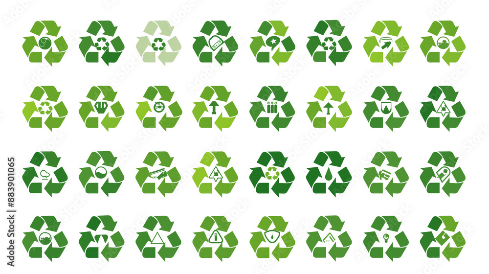 Green Recycling Symbol Icons Set With Multiple Variations for Reuse and ...