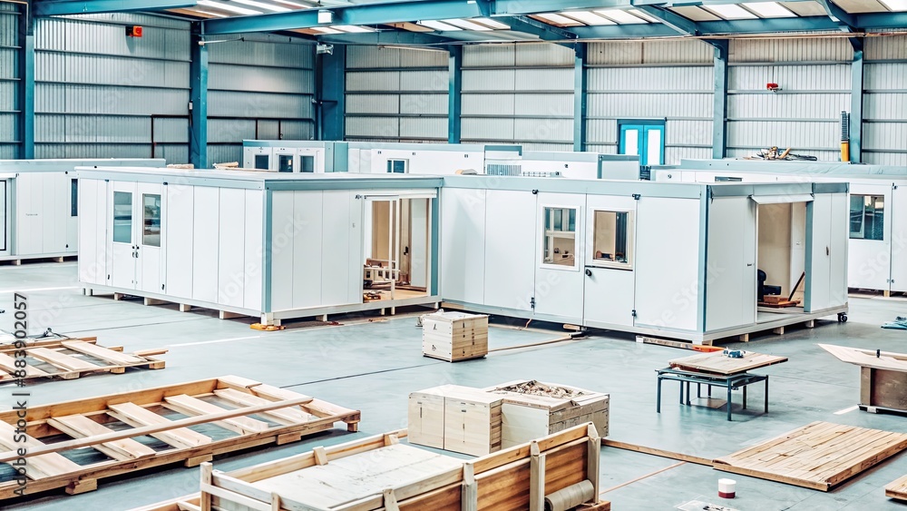 Workshop assembly of modular buildings. rendering, construction ...