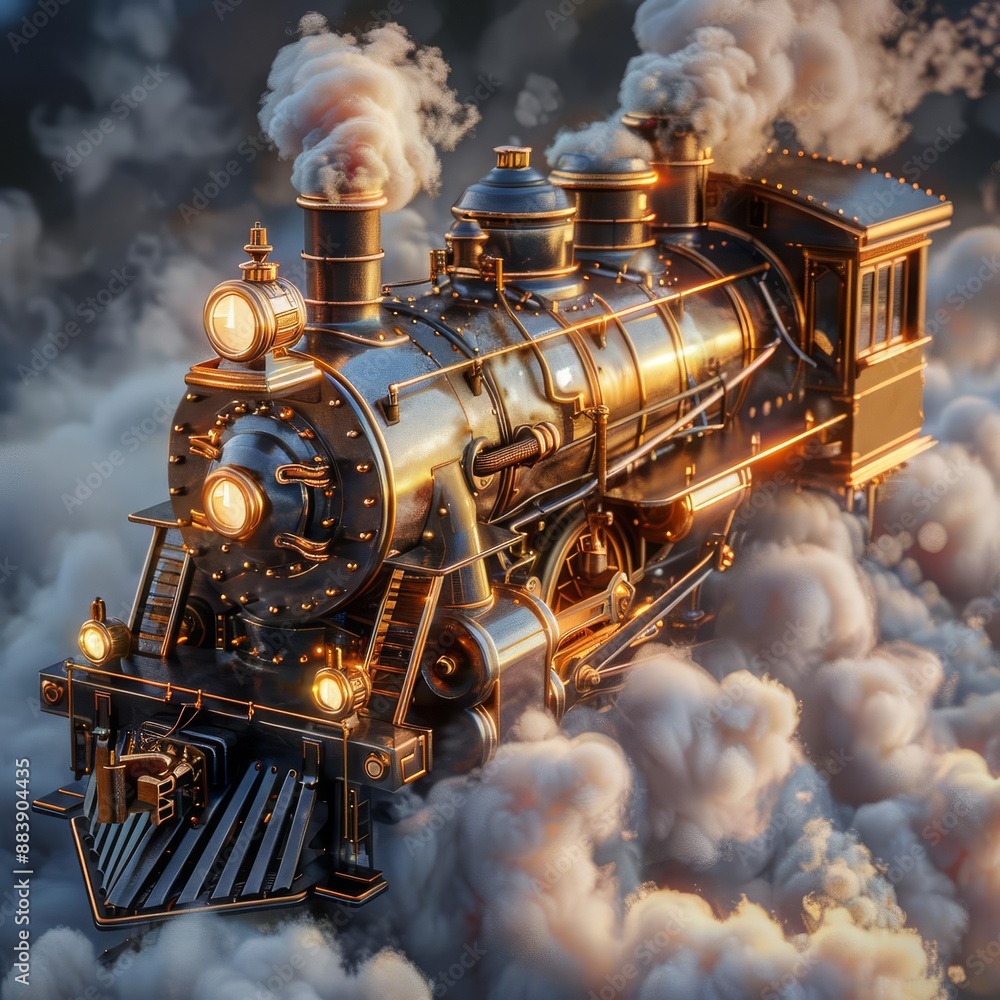 Vintage steam locomotive surrounded by clouds of smoke, illuminated by ...