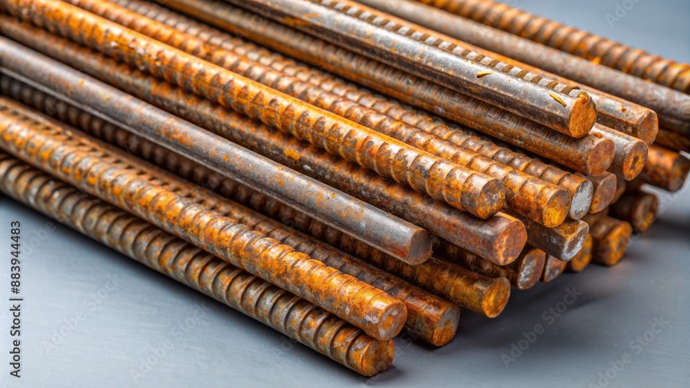 Rusted, corroded rebar reinforcing steel bars wrapped with steel wire ...