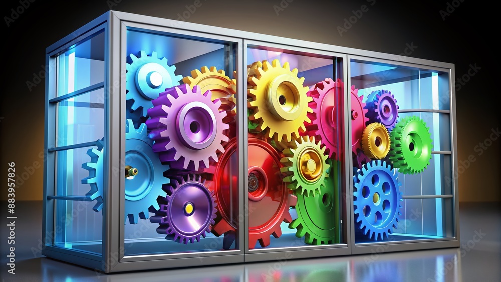 Colorful 3D gears spinning in pop-up windows on a transparent ...
