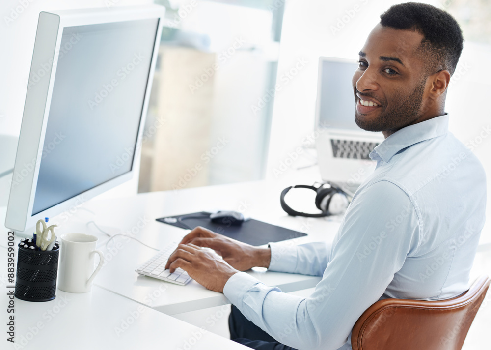 Black man, computer and design software at desk, online and transform ...