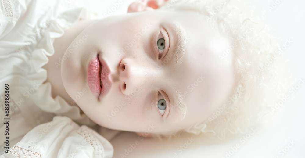 Pretty albino teenager, beautiful unique model in white lying on white ...