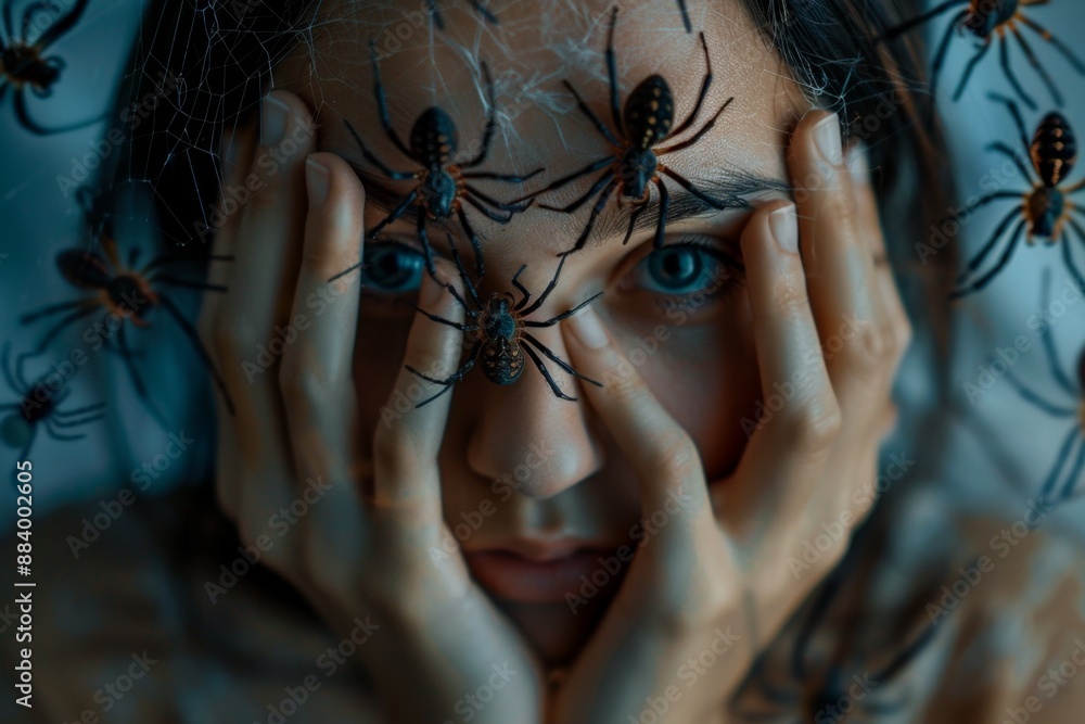 Arachnophobia is the fear of spiders. A woman's frightened face is ...