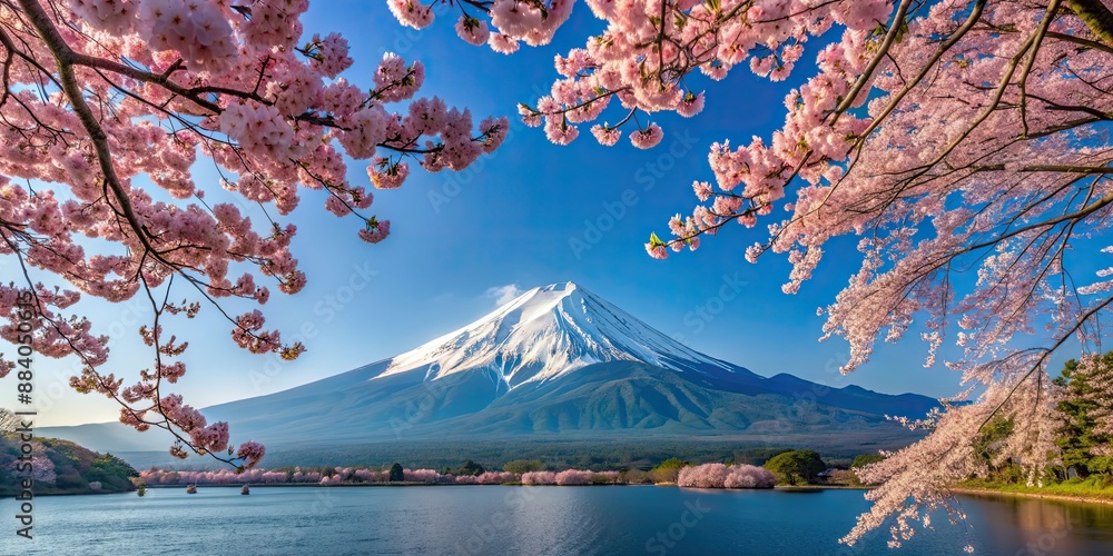 Iconic view of Mount Fuji with cherry blossoms in full bloom, Japan ...