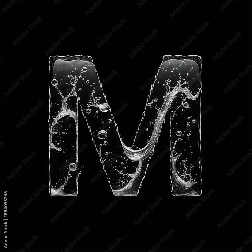 Letter M. Liquid Fluid Water effect with Splashes and Droplets ...