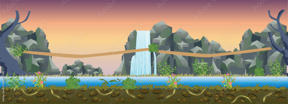 Waterfall Game Background, game map, game world and Vector Illustration ...