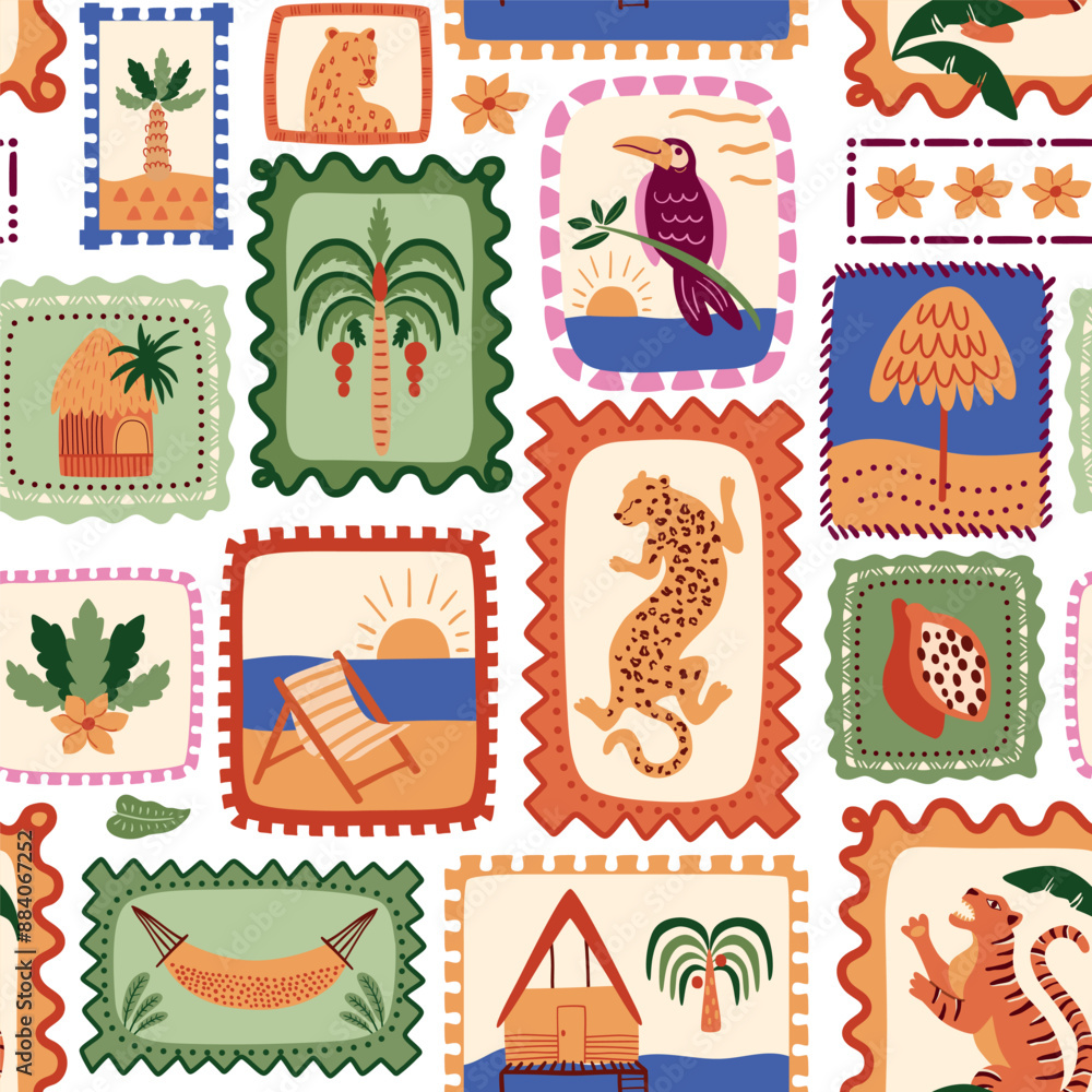 Tropical stamps seamless pattern. Vacation background. Cute travel ...