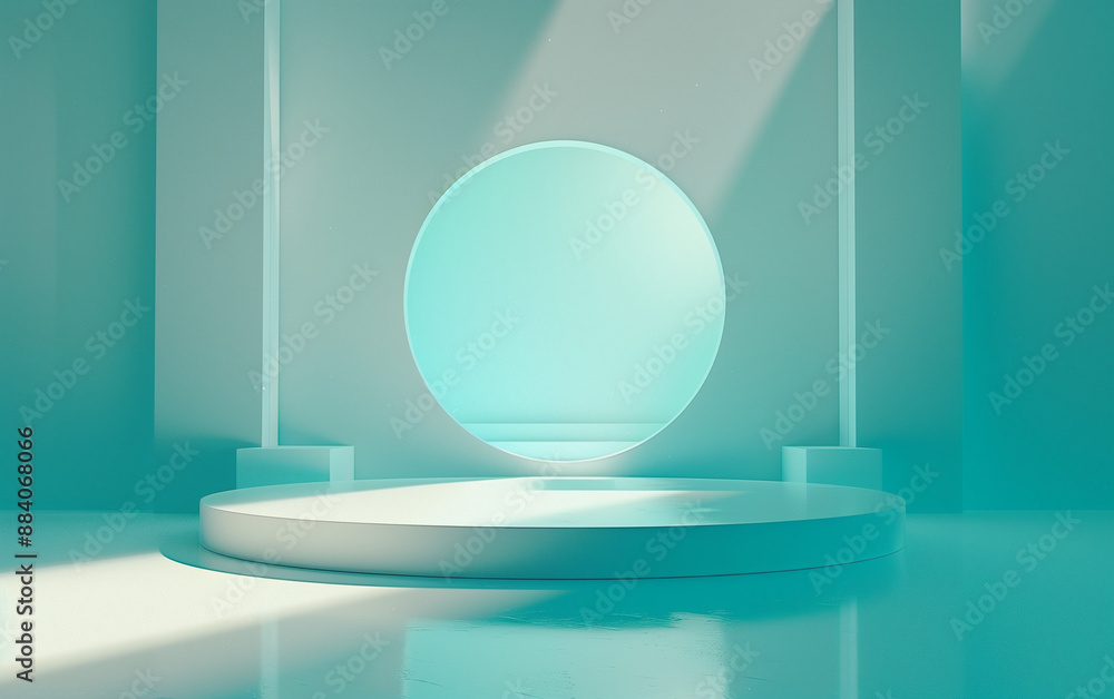 3d, minimalist stage design style, turquoise and white, a circle placed ...