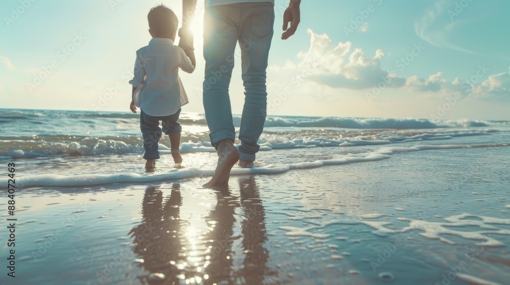 Summer father-son beach photo with back, space, mock up, blue sky, lens ...