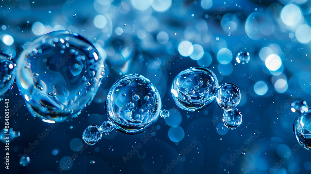 water drops on blue background, bubbles in water, A magnified view of ...