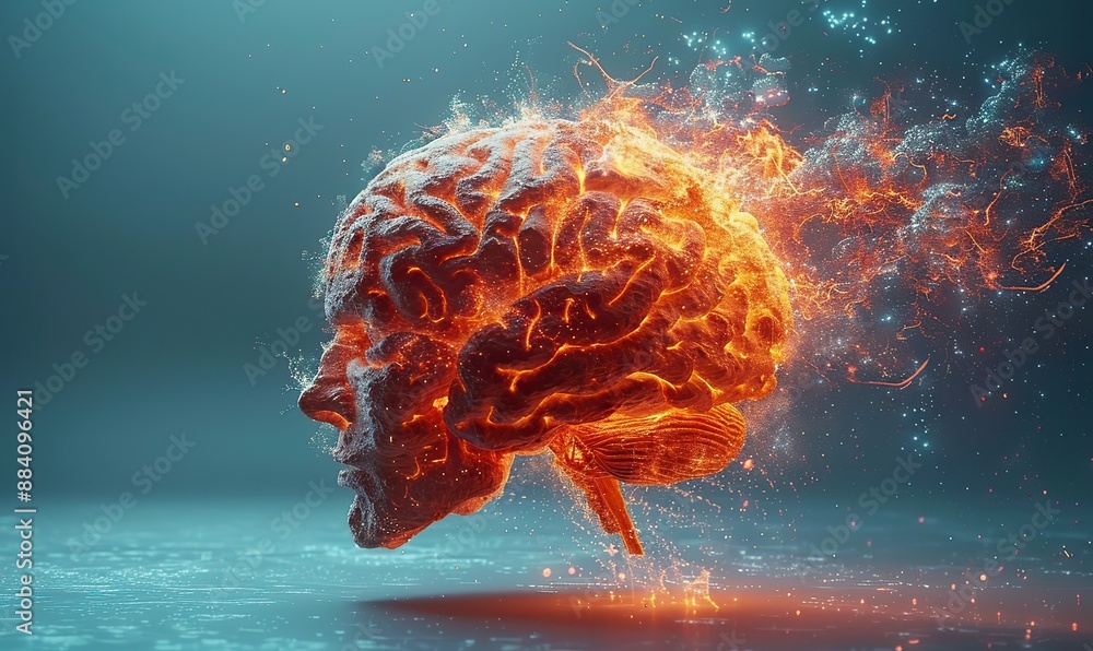 Side view of brain on fire, exploding brain disease concept like ...