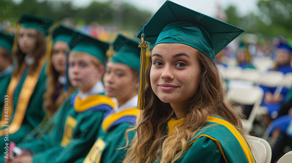 A telephoto angle photo of school graduates sitting in their seats ...