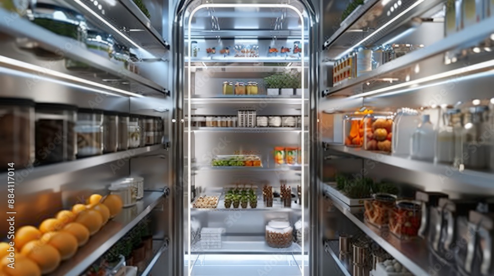 Capture a futuristic pantry with automated shelving that rotates and ...