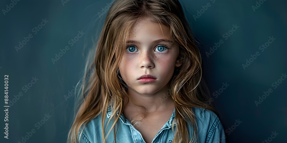 Indigo background portrait of a sad European white child with blue eyes ...
