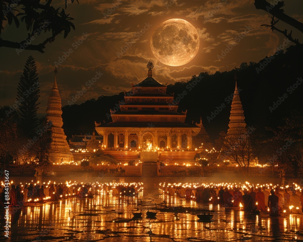 Create a high-quality photograph of monks performing a candlelight ...