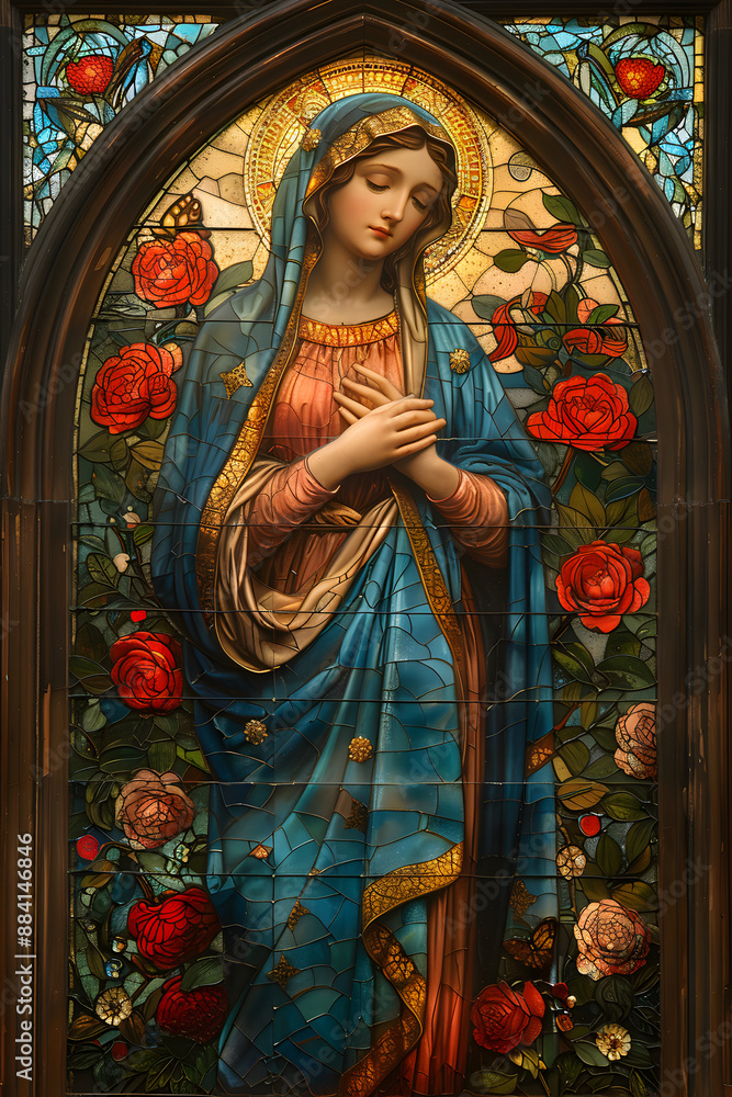 Virgin Mary, religious painting stained glass illustration. The image ...