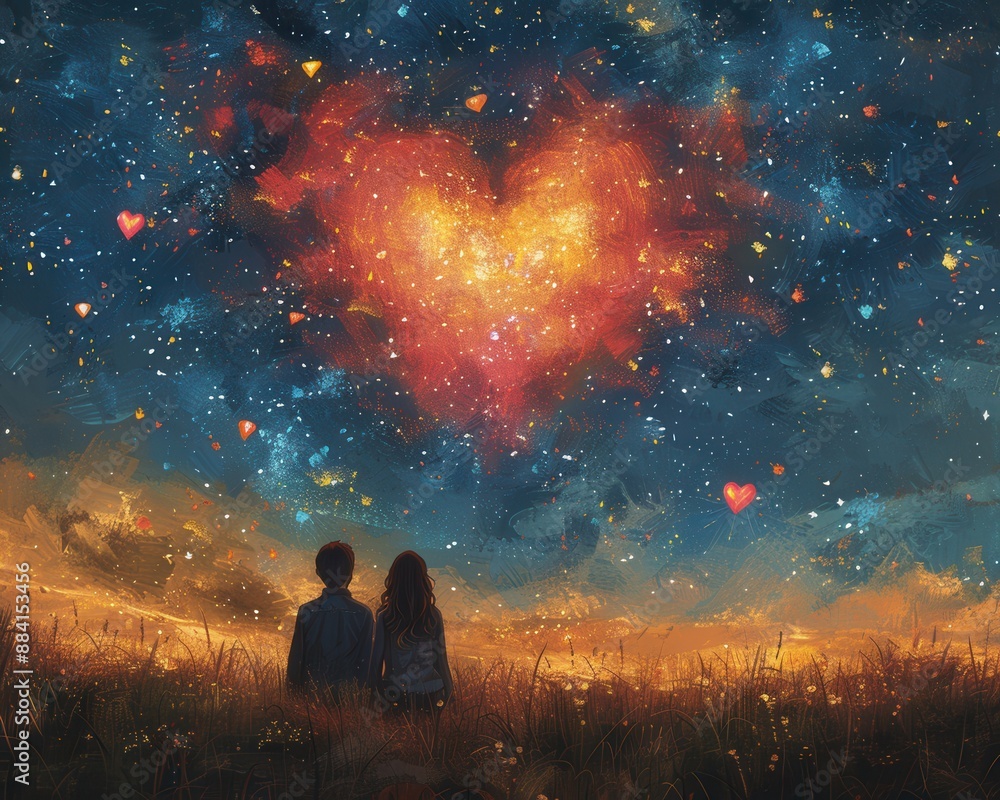 Create a surrealistic painting of two people sitting on a hill ...